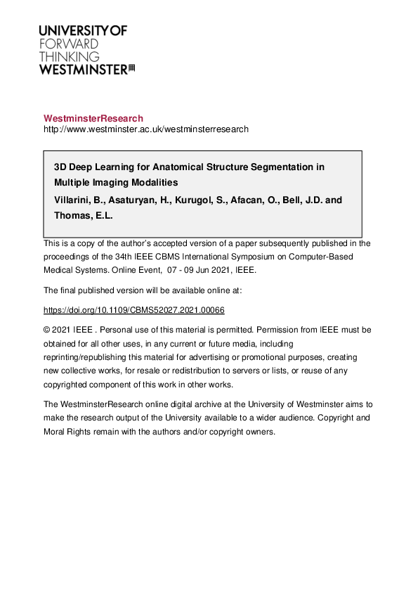 Pdf 3d Deep Learning For Anatomical Structure Segmentation In Multiple Imaging Modalities