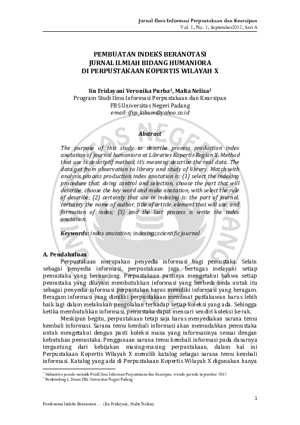 (PDF) Pembuatan Indeks Beranotasi Jurnal Ilmiah Bidang Humaniora di Perpustakaan Kopertis Wilayah X