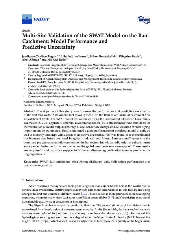 (PDF) Multi-Site Validation of the SWAT Model on the Bani Catchment: Model Performance and ...