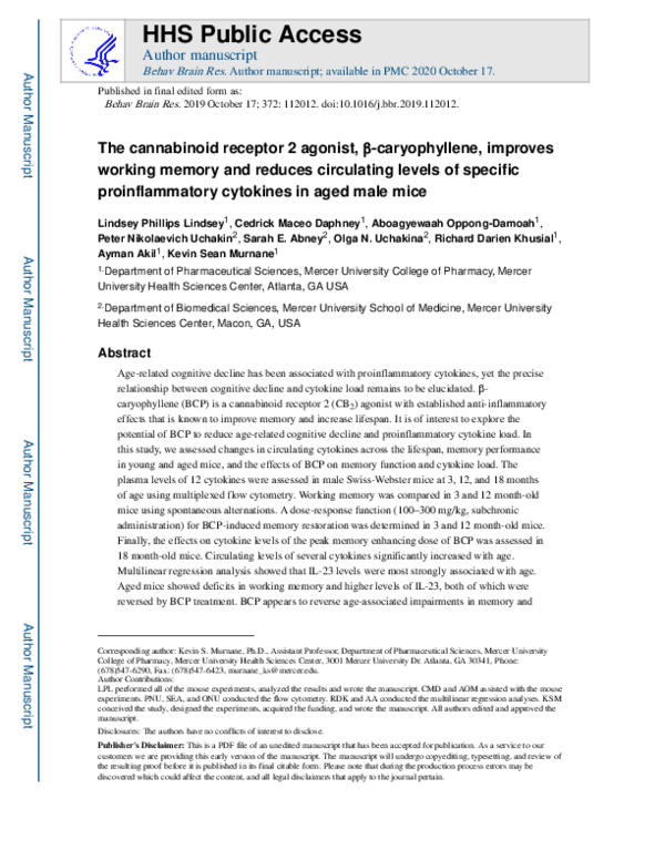 (PDF) The cannabinoid receptor 2 agonist, β-caryophyllene, improves ...