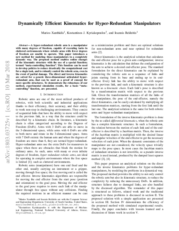 Pdf Dynamically Efficient Kinematics For Hyper Redundant Manipulators