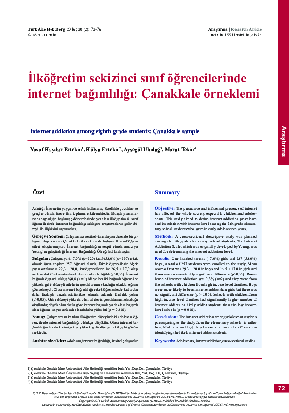 (PDF) Internet addiction among eighth grade students: Çanakkale sample