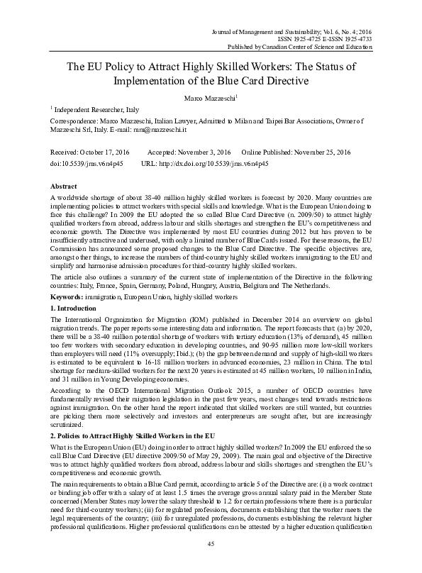 (PDF) The EU Policy to Attract Highly Skilled Workers: Status of ...