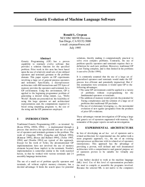 (PDF) Genetic Evolution of Machine Language Software