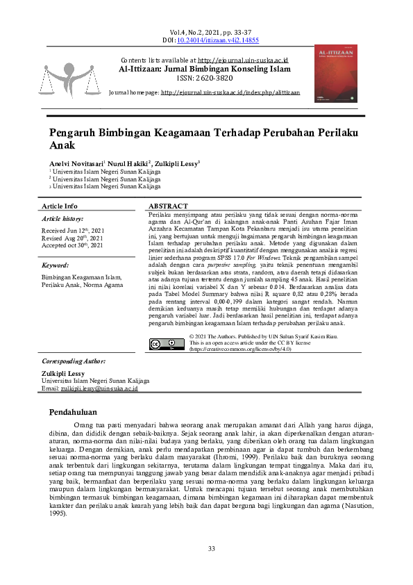 (PDF) Pengaruh Bimbingan Keagamaan Terhadap Perubahan Perilaku Anak