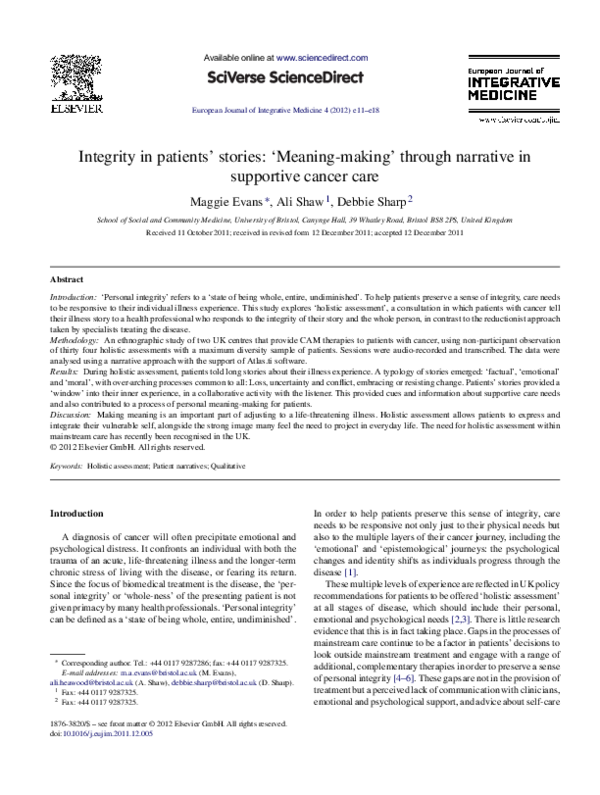 (PDF) Integrity in patients’ stories: ‘Meaning-making’ through ...