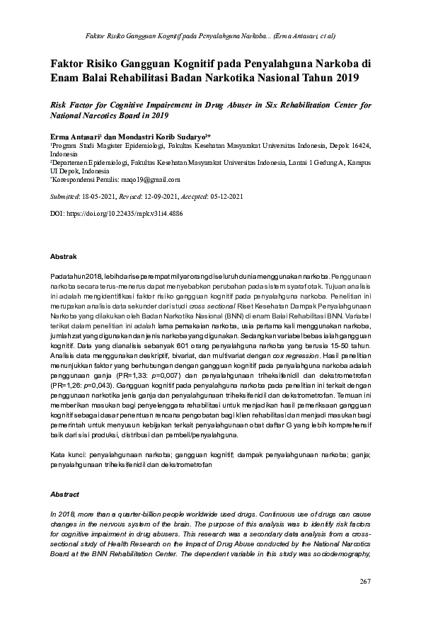 (PDF) Faktor Risiko Gangguan Kognitif pada Penyalahguna Narkoba di Enam Balai Rehabilitasi Badan ...