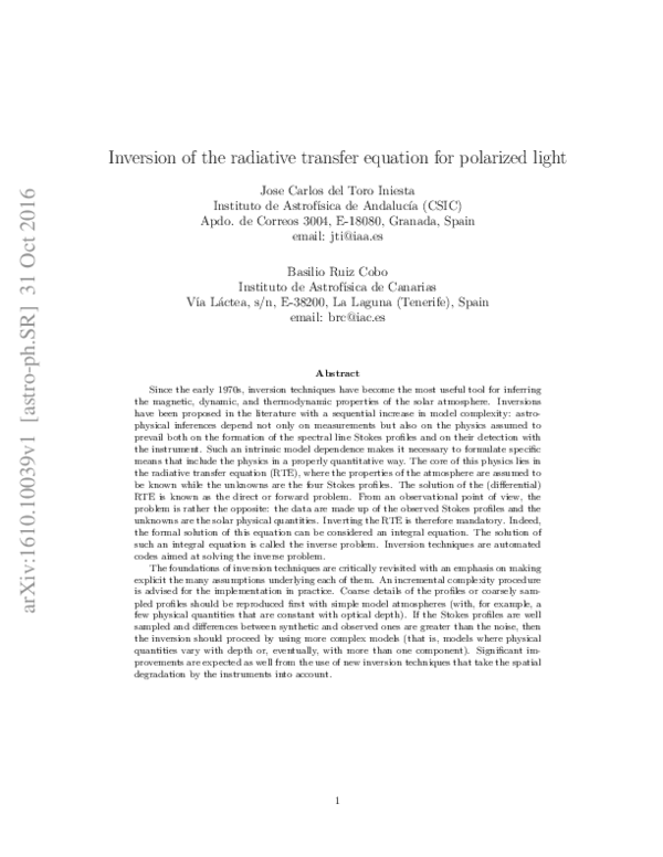(PDF) Inversion of the radiative transfer equation for polarized light