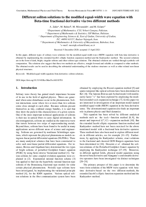 (PDF) Different soliton solutions to the modified equal-width wave equation with Beta-time ...