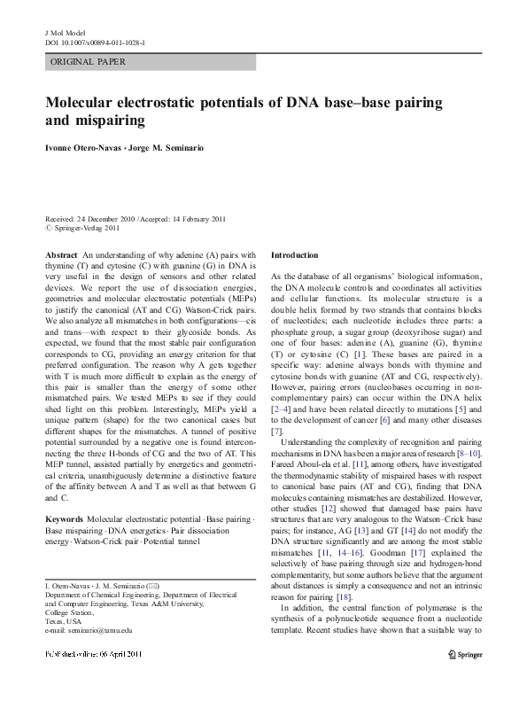 (PDF) Molecular electrostatic potentials of DNA base–base pairing and ...
