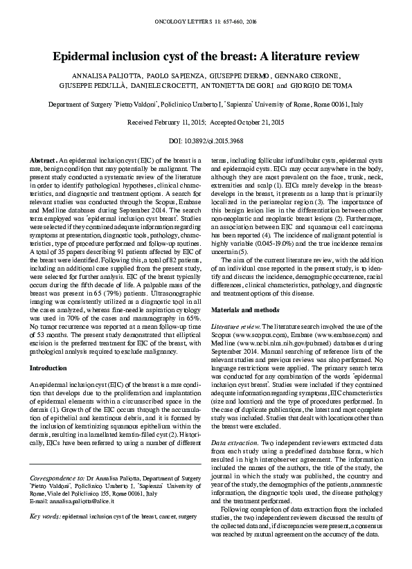 Pdf Epidermal Inclusion Cyst Of The Breast A Literature Review