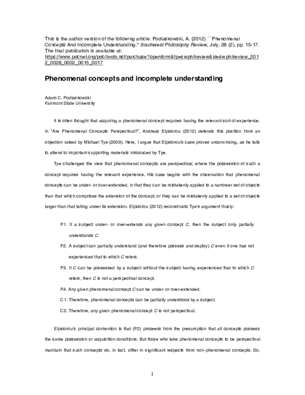 (PDF) Phenomenal Concepts and Incomplete Understanding