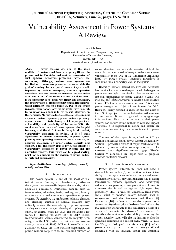 (PDF) Vulnerability Assessment in Power Systems: A Review