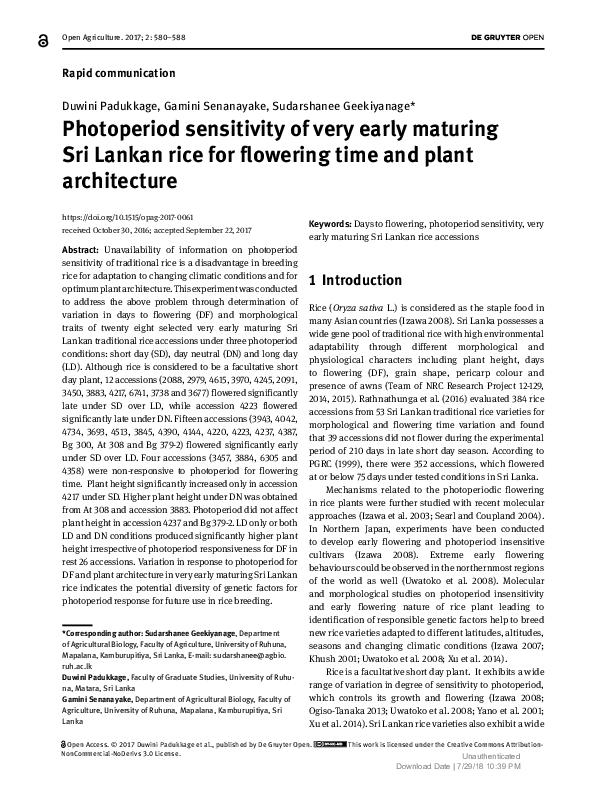 (PDF) Photoperiod sensitivity of very early maturing Sri Lankan rice ...