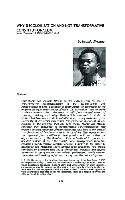 Pdf Why Decolonisation And Not Transformative Constitutionalism