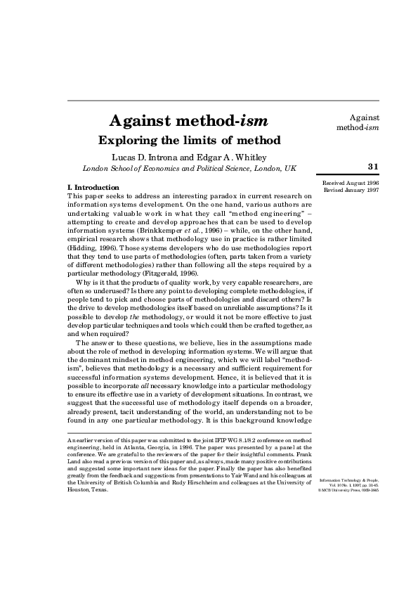 (PDF) Against method- ism : exploring the limits of method