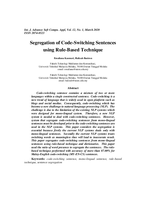 (PDF) Segregation of Code-Switching Sentences using Rule-Based Technique