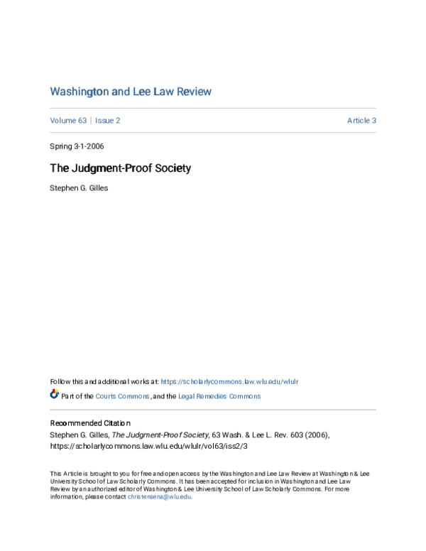 (PDF) The Judgment-Proof Society | Stephen Gilles - Academia.edu