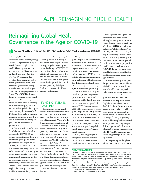 (PDF) Reimagining Global Health Governance in the Age of COVID-19