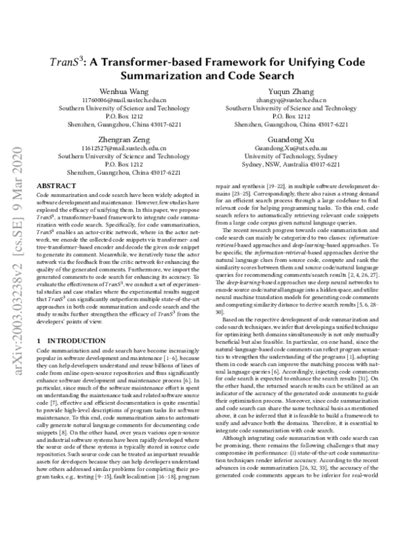 Pdf Trans 3 A Transformer Based Framework For Unifying Code Summarization And Code Search