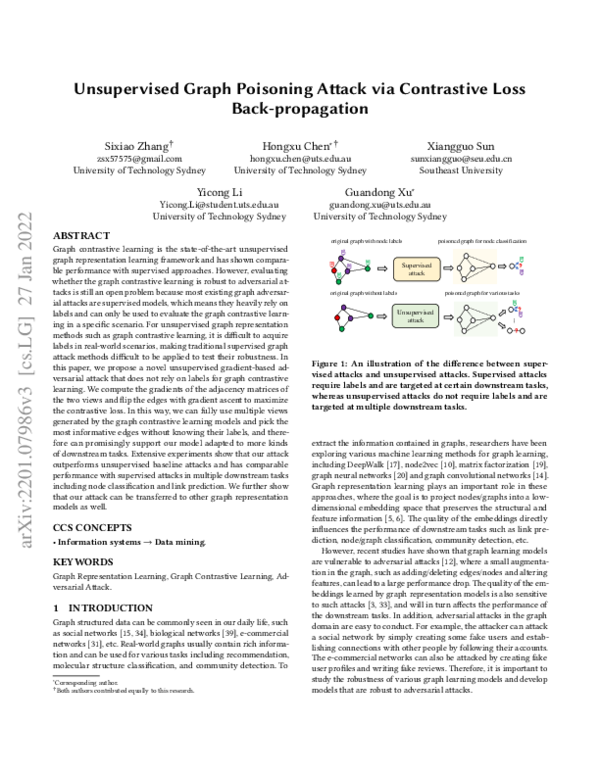 (PDF) Unsupervised Graph Poisoning Attack via Contrastive Loss Back-propagation