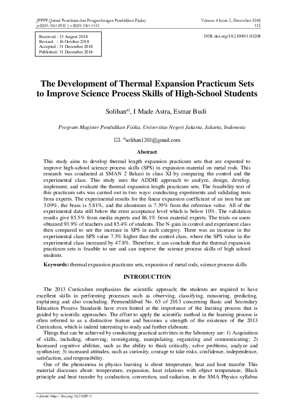 (PDF) The Development of Thermal Expansion Practicum Sets to Improve Science Process Skills of ...