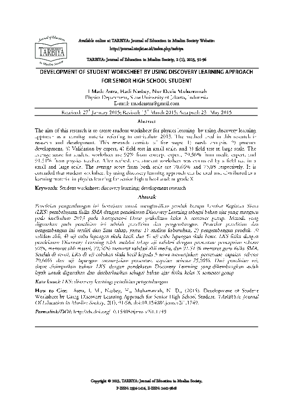 (PDF) Development of Student Worksheet by using Discovery Learning ...