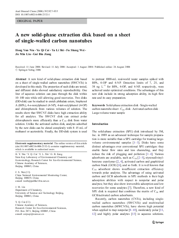 (PDF) A new solid-phase extraction disk based on a sheet of single ...
