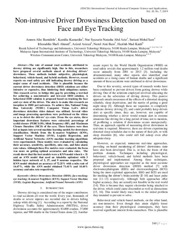 (PDF) Non-intrusive Driver Drowsiness Detection based on Face and Eye ...
