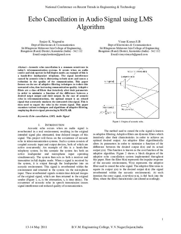 Pdf Echo Cancellation In Audio Signal Using Lms Algorithm Sanjay Nagendra 0587