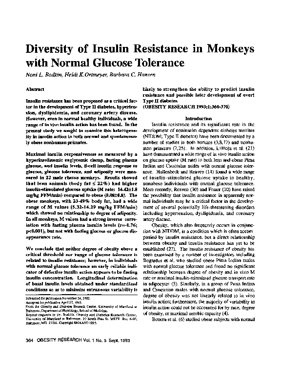 (PDF) Diversity of Insulin Resistance in Monkeys with Normal Glucose ...