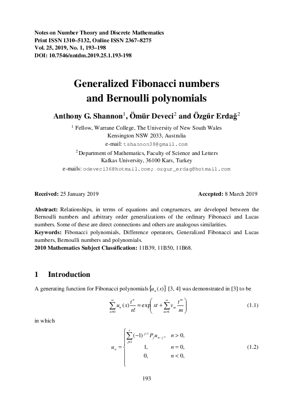 (PDF) Generalized Fibonacci numbers and Bernoulli polynomials