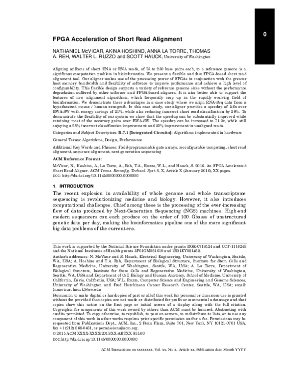 (PDF) FPGA Acceleration of Short Read Alignment