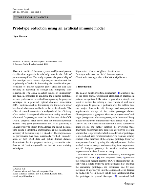 (PDF) Prototype reduction using an artificial immune model | Utpal ...