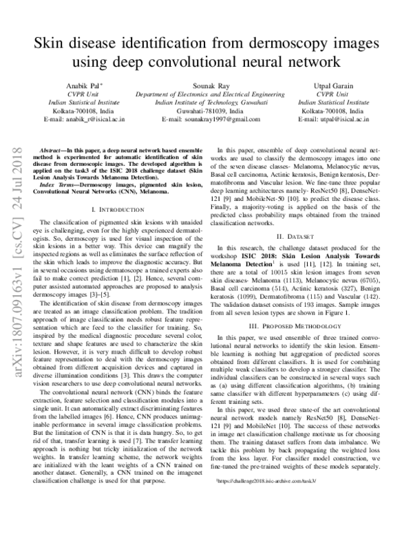 (PDF) Skin disease identification from dermoscopy images using deep convolutional neural network ...