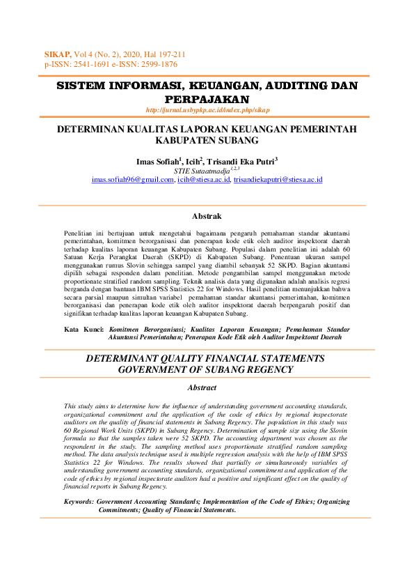 (PDF) Determinan Kualitas Laporan Keuangan Pemerintah Kabupaten Subang