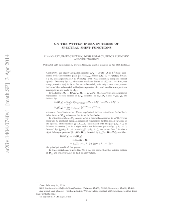 (PDF) Witten Index and Spectral Shift Functions