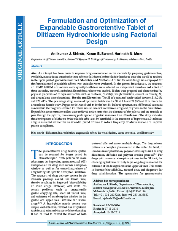 Pdf Formulation And Optimization Of Expandable Gastroretentive Tablet Of Diltiazem