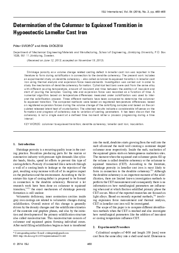 Pdf Determination Of The Columnar To Equiaxed Transition In Hypoeutectic Lamellar Cast Iron