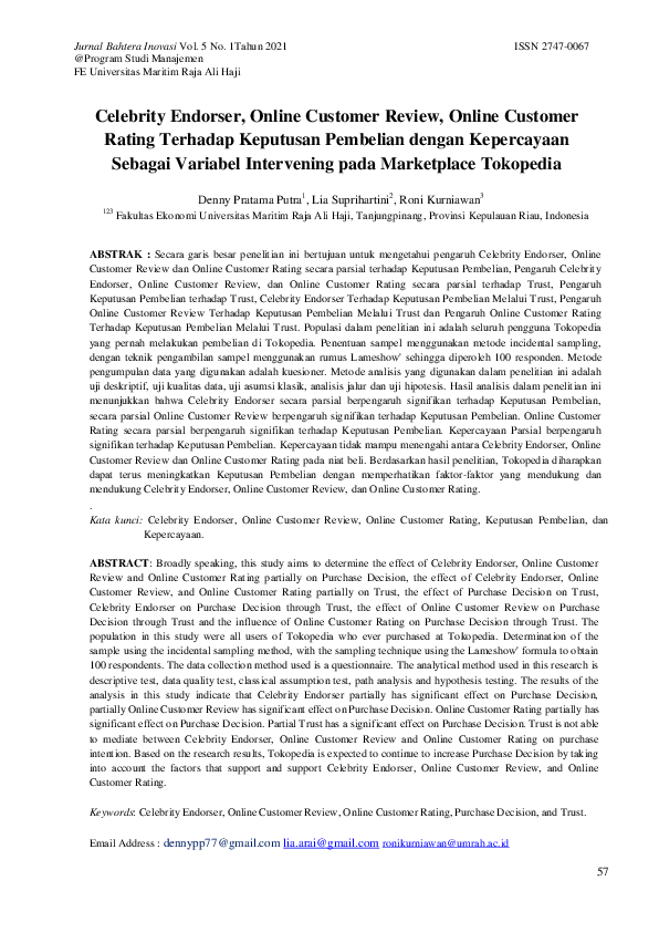 (PDF) Celebrity Endorser, Online Customer Review, Online Customer Rating Terhadap Keputusan ...