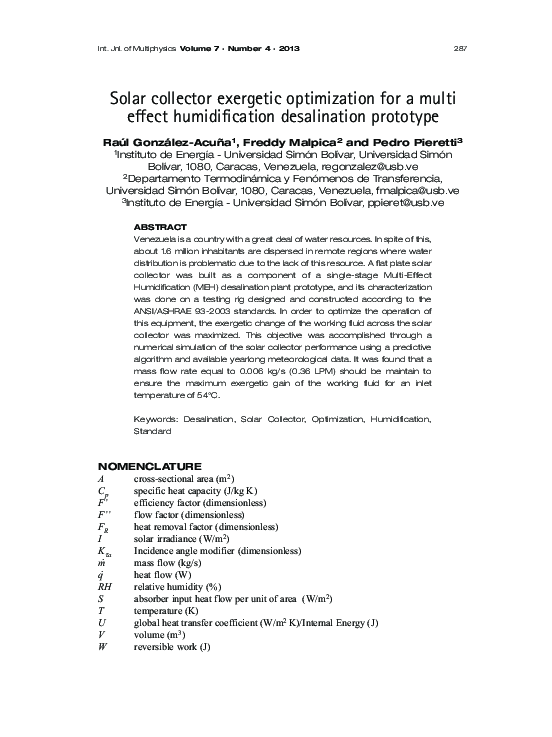 (PDF) Solar Collector Exergetic Optimization for a Multi Effect Humidification Desalination ...