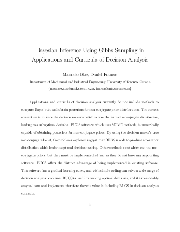 Pdf Bayesian Inference Using Gibbs Sampling In Applications And Curricula Of Decision Analysis