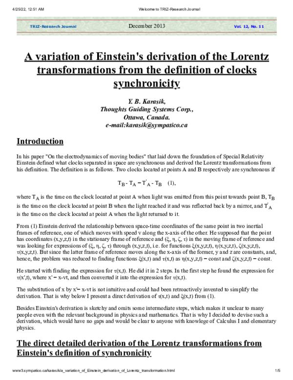 (PDF) A variation of Einstein's derivation of the Lorentz ...
