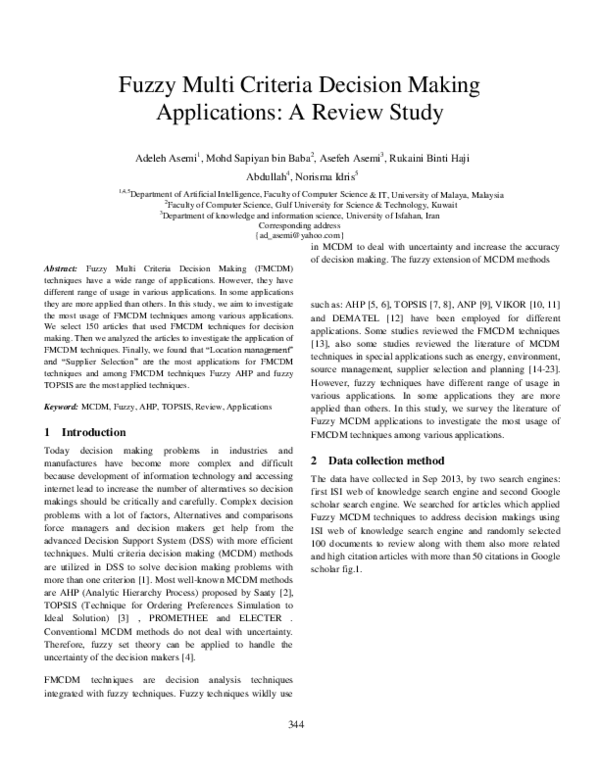 (PDF) Fuzzy Multi Criteria Decision Making Applications: A Review Study | Adeleh Asemi ...
