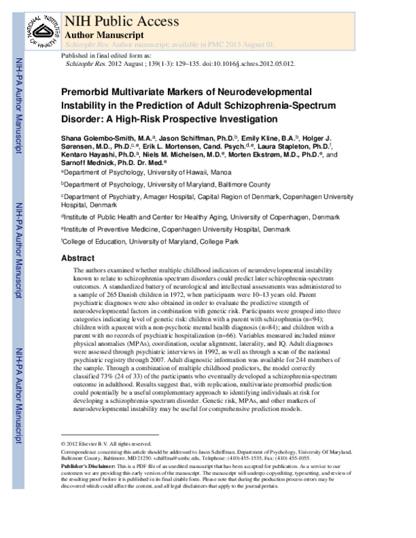 (PDF) Premorbid multivariate markers of neurodevelopmental instability ...