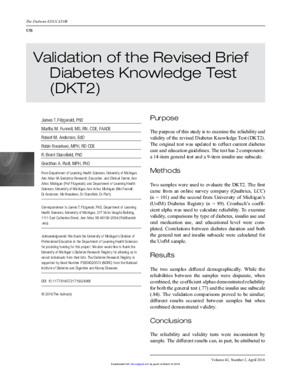 (PDF) Validation of the Revised Brief Diabetes Knowledge Test (DKT2)