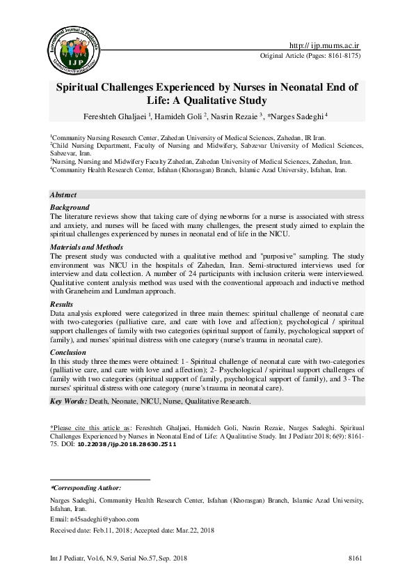 (PDF) Spiritual Challenges Experienced by Nurses in Neonatal End of ...