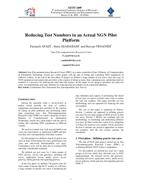 (PDF) Reducing Test Numbers in an Actual NGN Pilot Platform