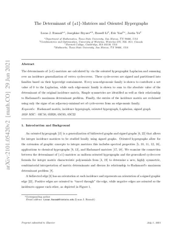 (PDF) The Determinant of $\{\pm 1\}$-Matrices and Oriented Hypergraphs