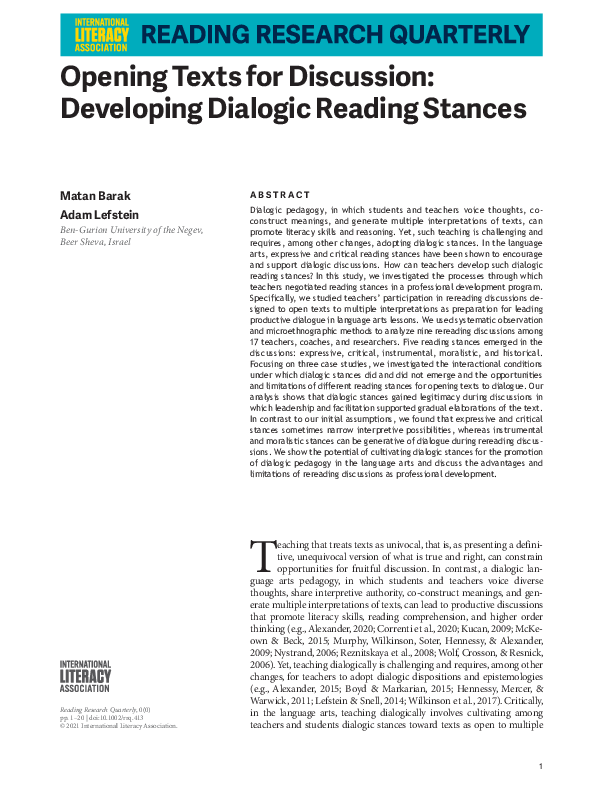 (PDF) Opening Texts for Discussion: Developing Dialogic Reading Stances